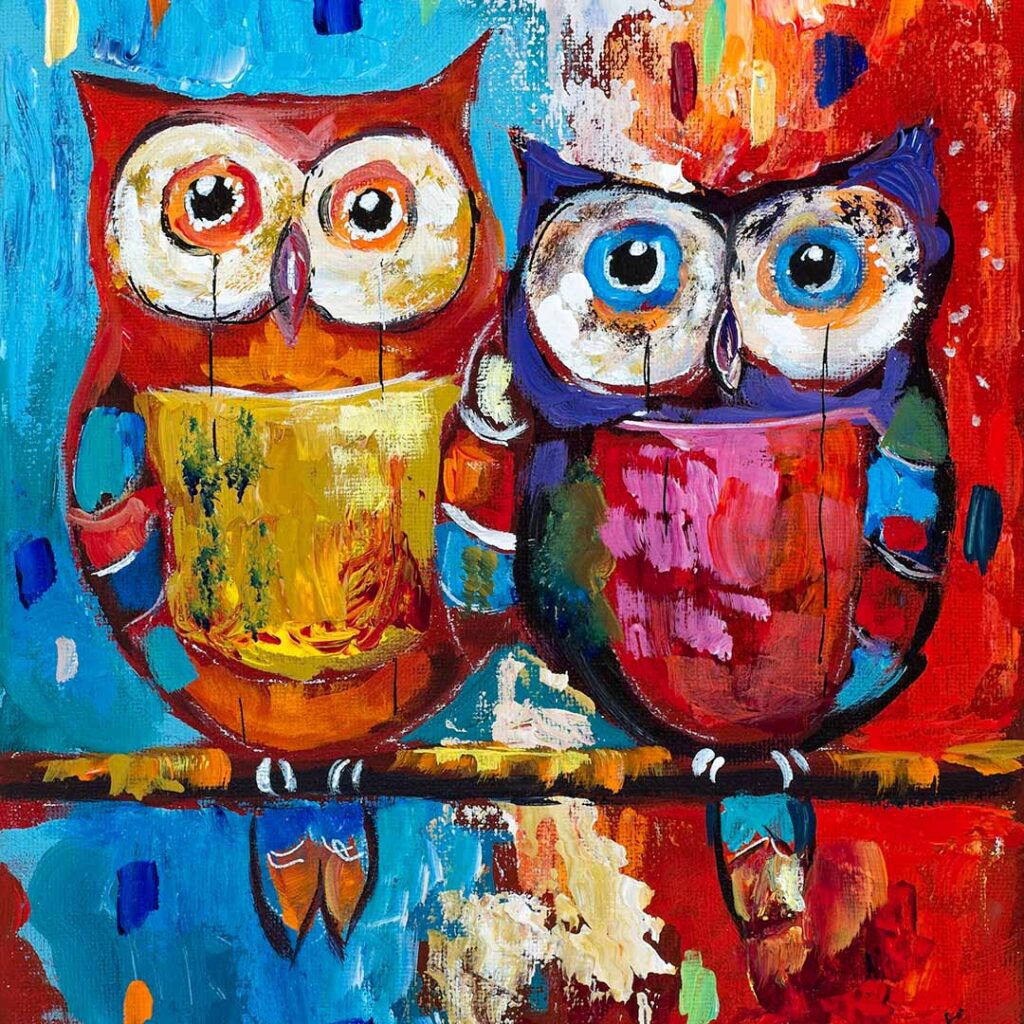 Whimsical Owls Painting of a Lovable Owl Couple – Academy of Fine Art and Acrylic Painting